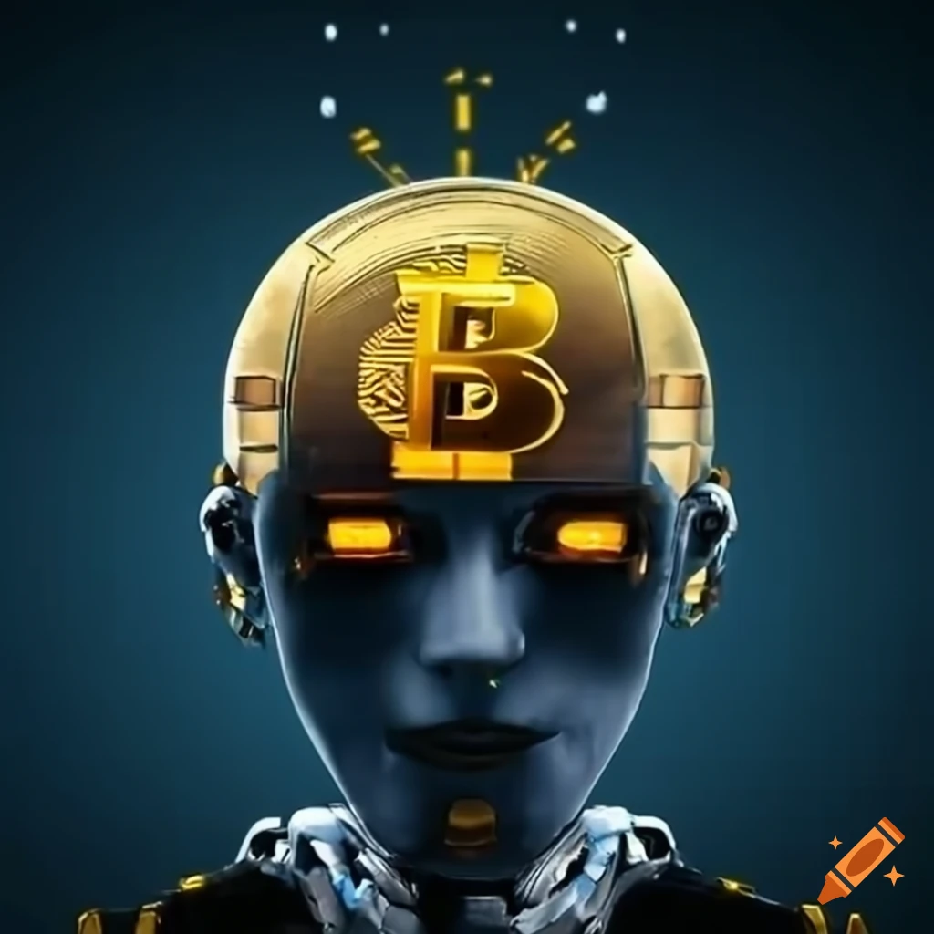 Robot ai powered by crypto with a gold btc logo on Craiyon