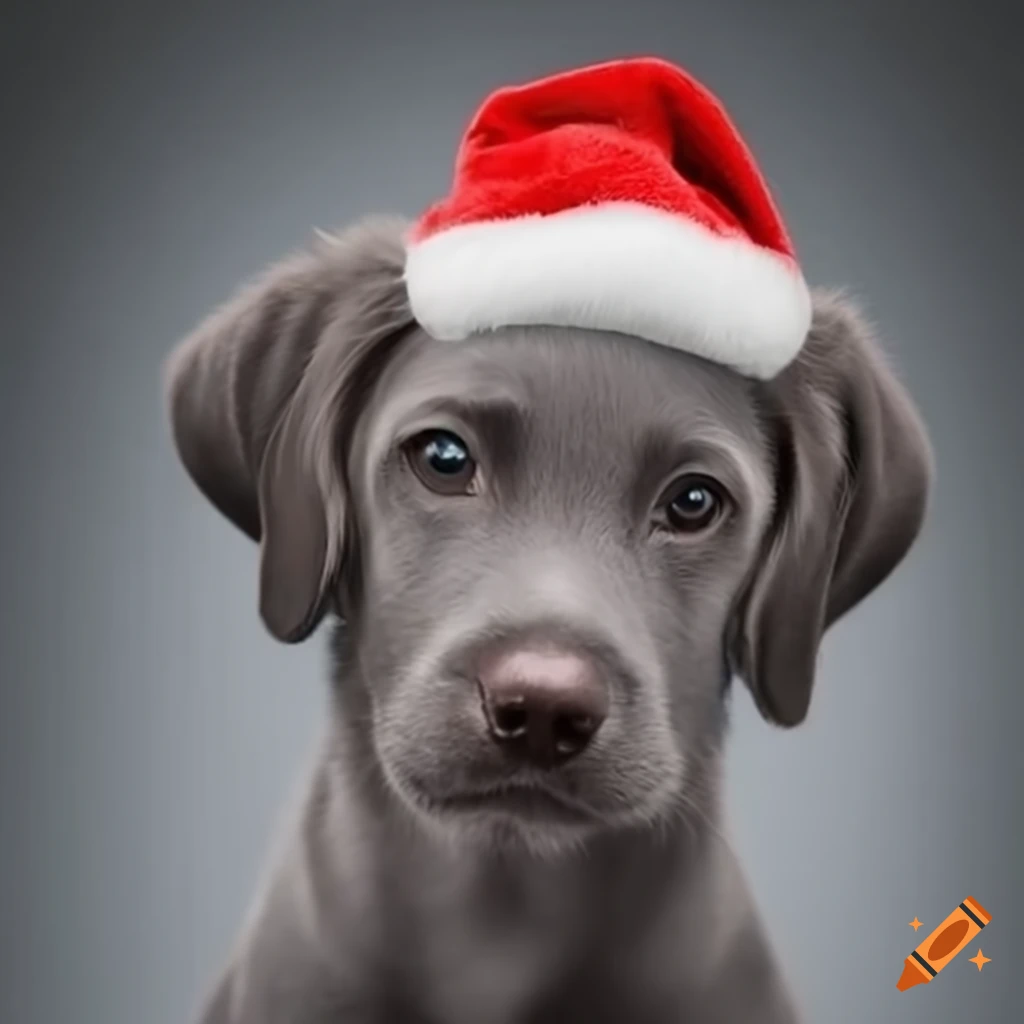 Silver lab puppy wearing a christmas hat on Craiyon