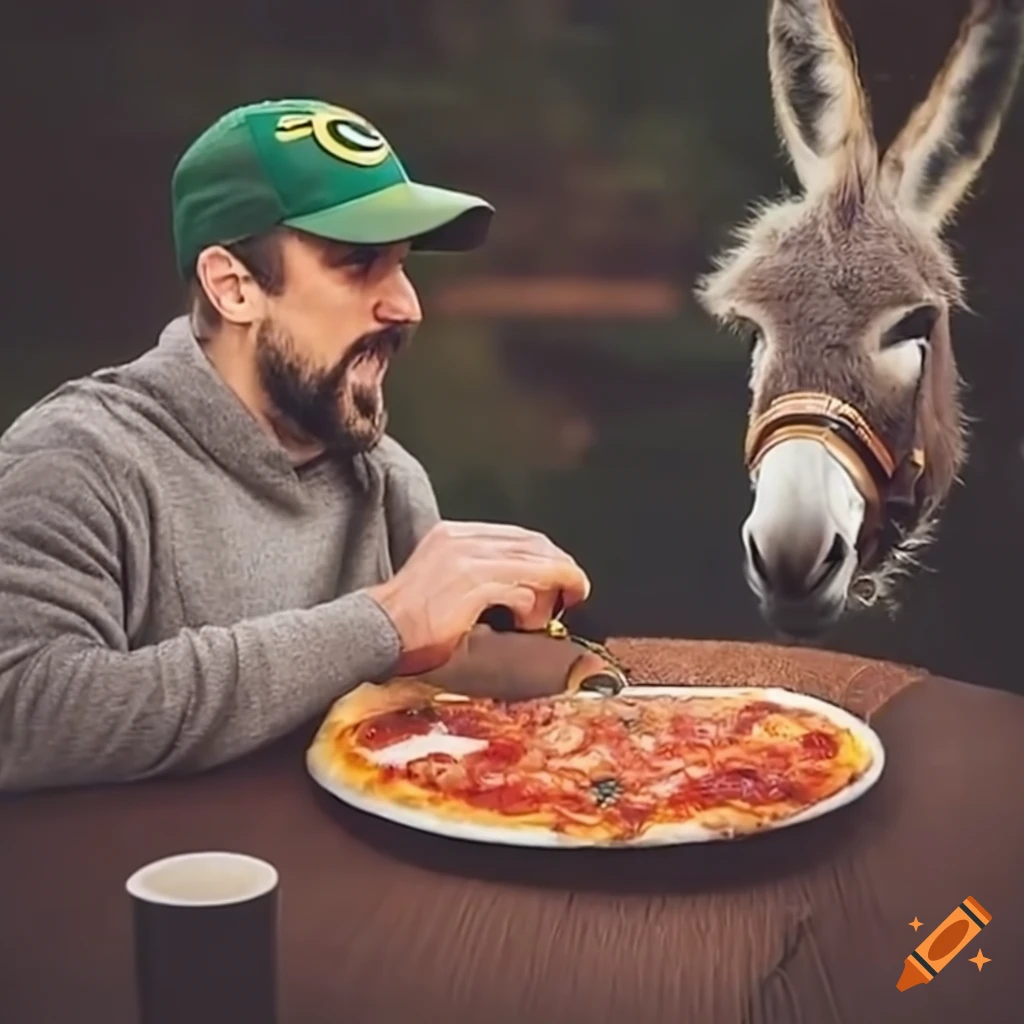 Aaron rodgers enjoying pizza with a donkey on Craiyon