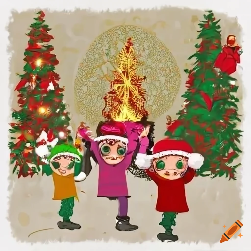 Christmas punk-style gift card with burning tree and dancing family on ...