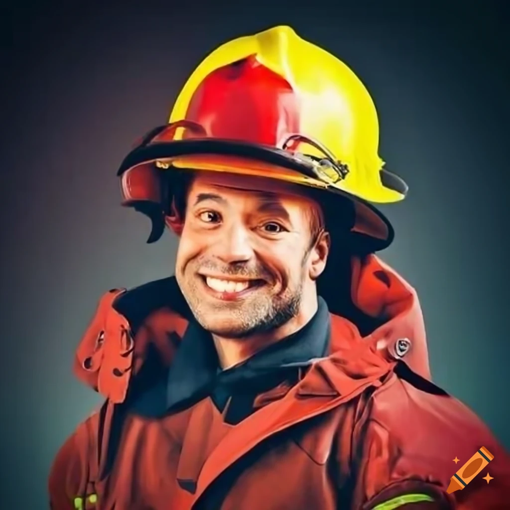 Friendly smiling fireman next to a fire truck on Craiyon