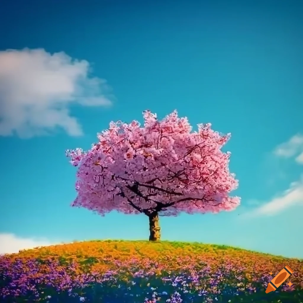 Cherry blossom tree on a hill with colorful flowers and a blue sky with ...