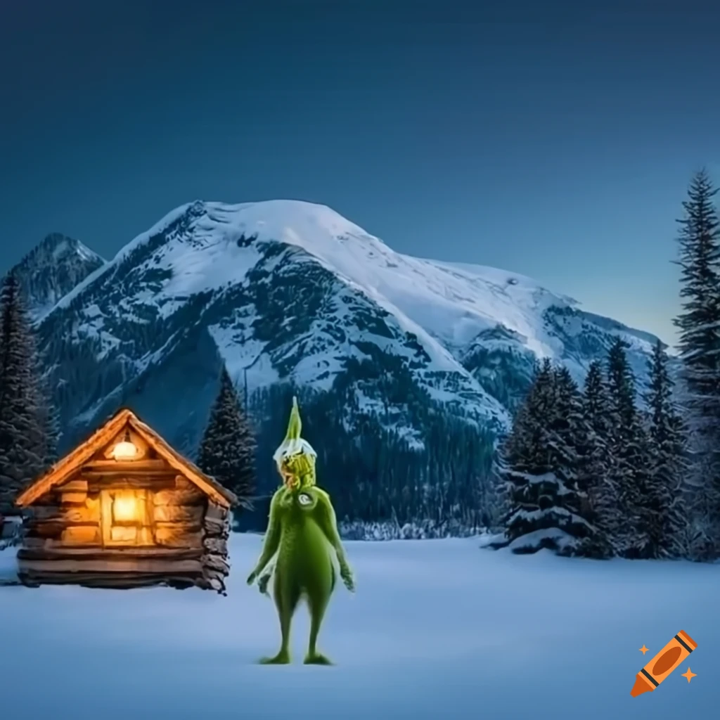 Grumpy grinch in snowy landscape with cozy log cabin and majestic ...