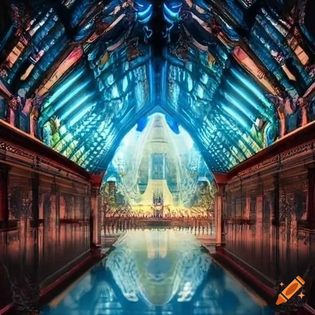 Interior of a glass temple with infinite perspective on Craiyon