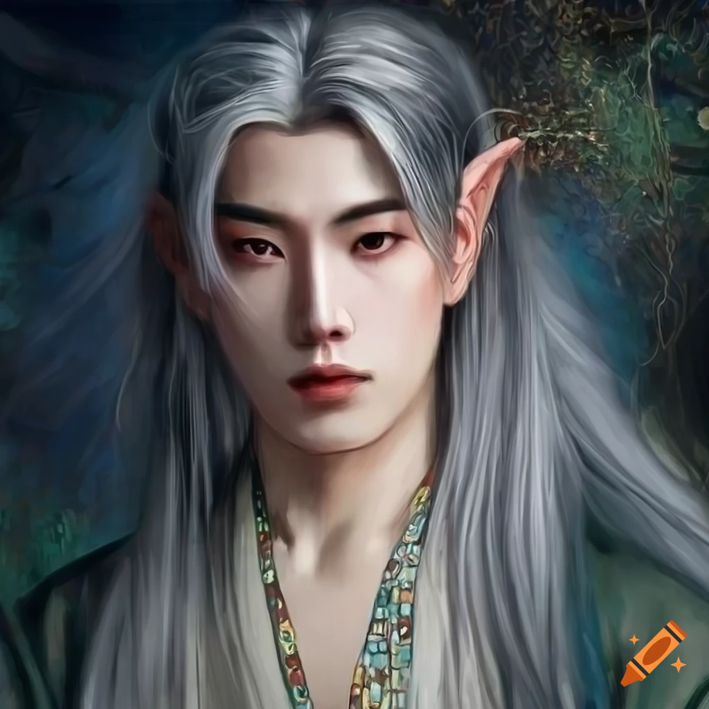 Gustav klimt inspired poster of a young male elven asian prince with ...