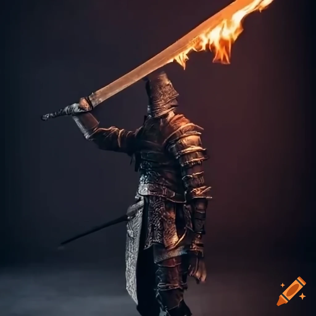 Dark souls knight with a burning katana in a dark setting on Craiyon