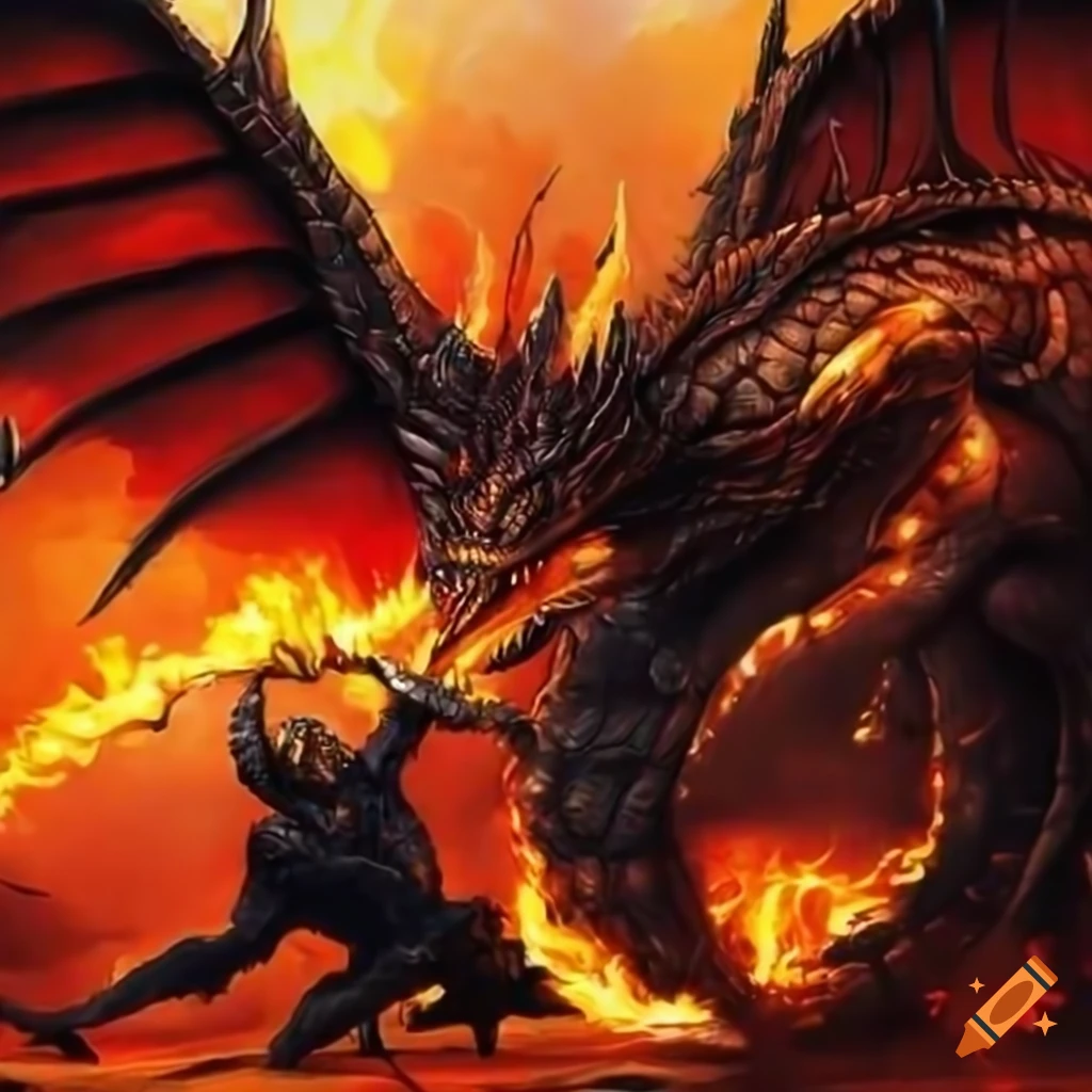 Hero battling a fire breathing dragon in an action painting on Craiyon