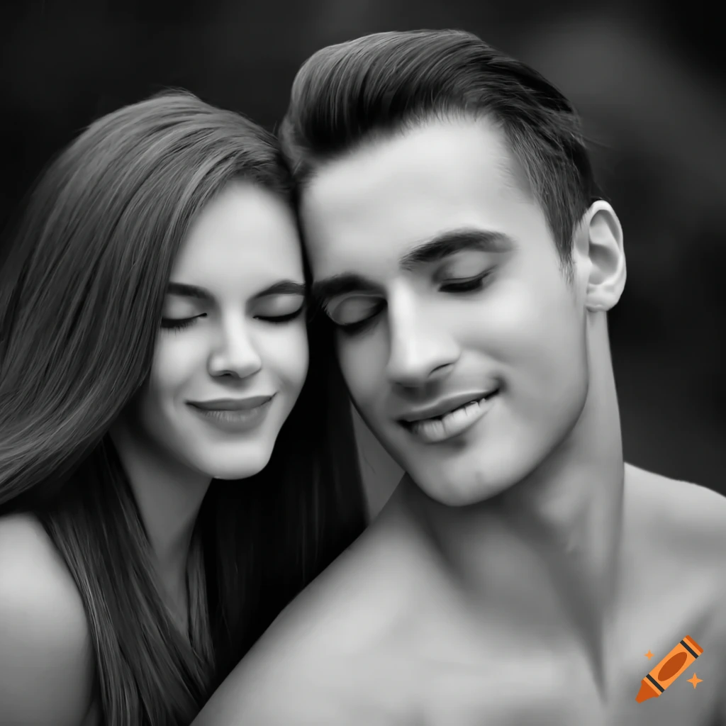 Attractive Man And Woman Leaning Against Each Other With Eyes Closed In Black And White Photo On