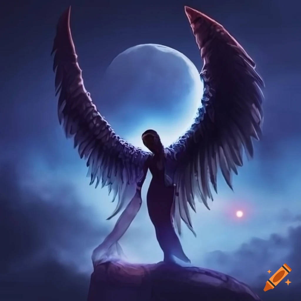 Fallen angel under the night sky with a full moon on Craiyon