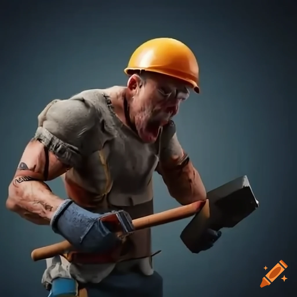 Frustrated builder with a sledgehammer and pile of bricks on Craiyon