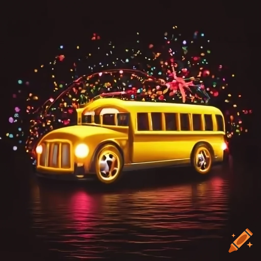 Yellow bus at a happy new year party with dj and laser lights on Craiyon