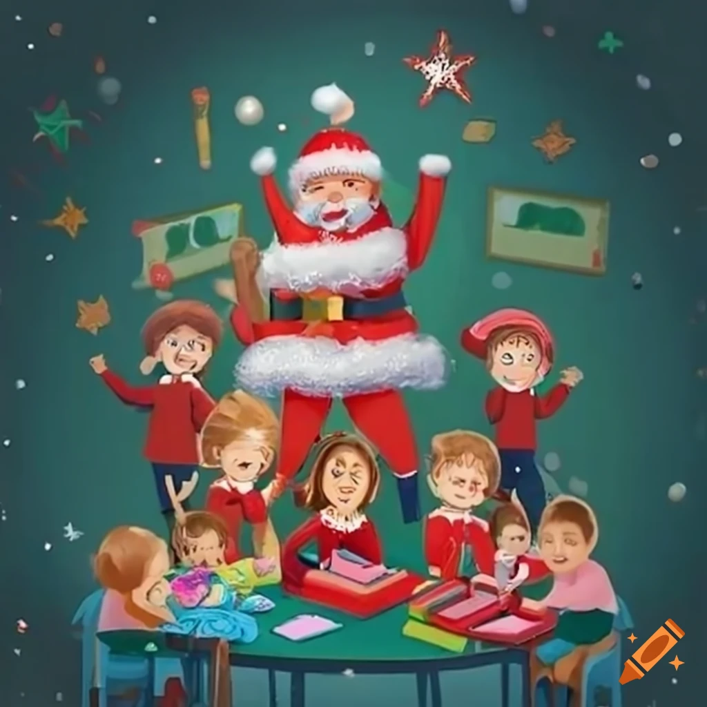 Teachers and pupils celebrating christmas in a magical classroom on Craiyon