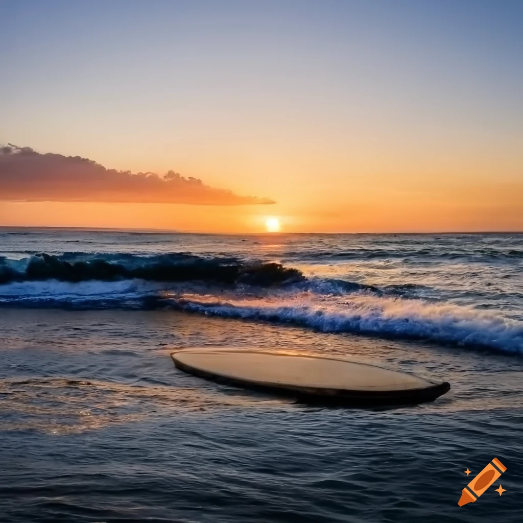 Close-up of a surfboard on the sea at sunset on Craiyon