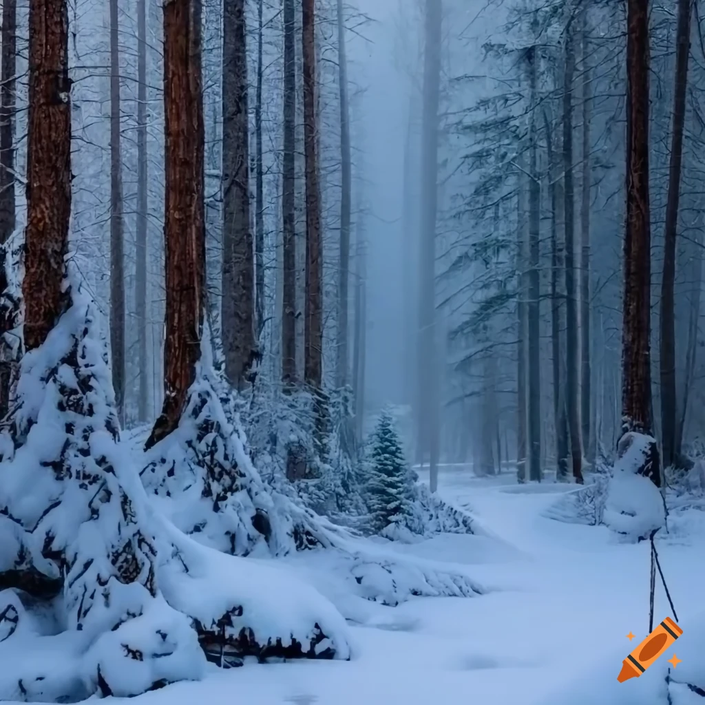 Snowy pine tree forest in extreme blizzard with clear river on Craiyon