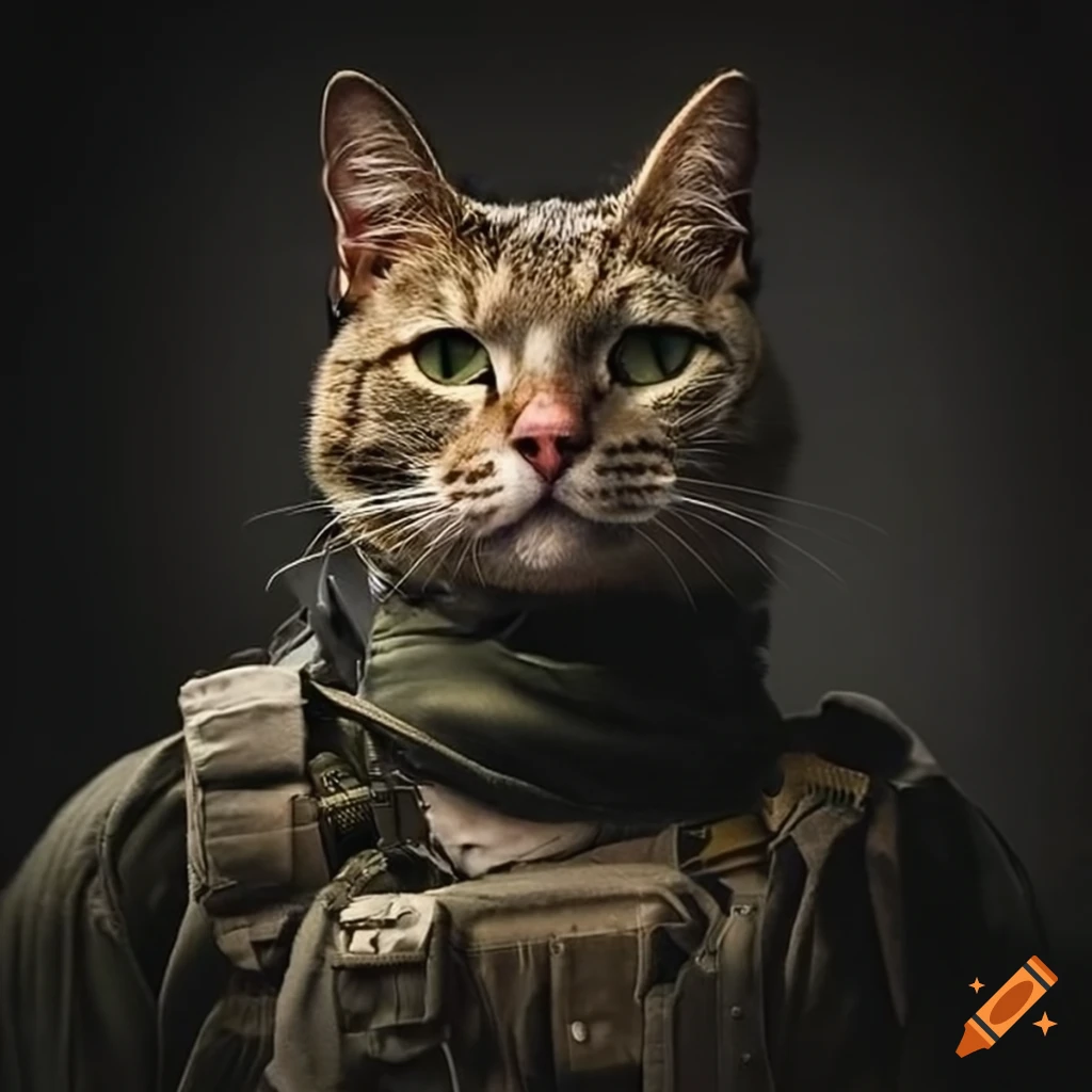 Cat wearing military gear on Craiyon