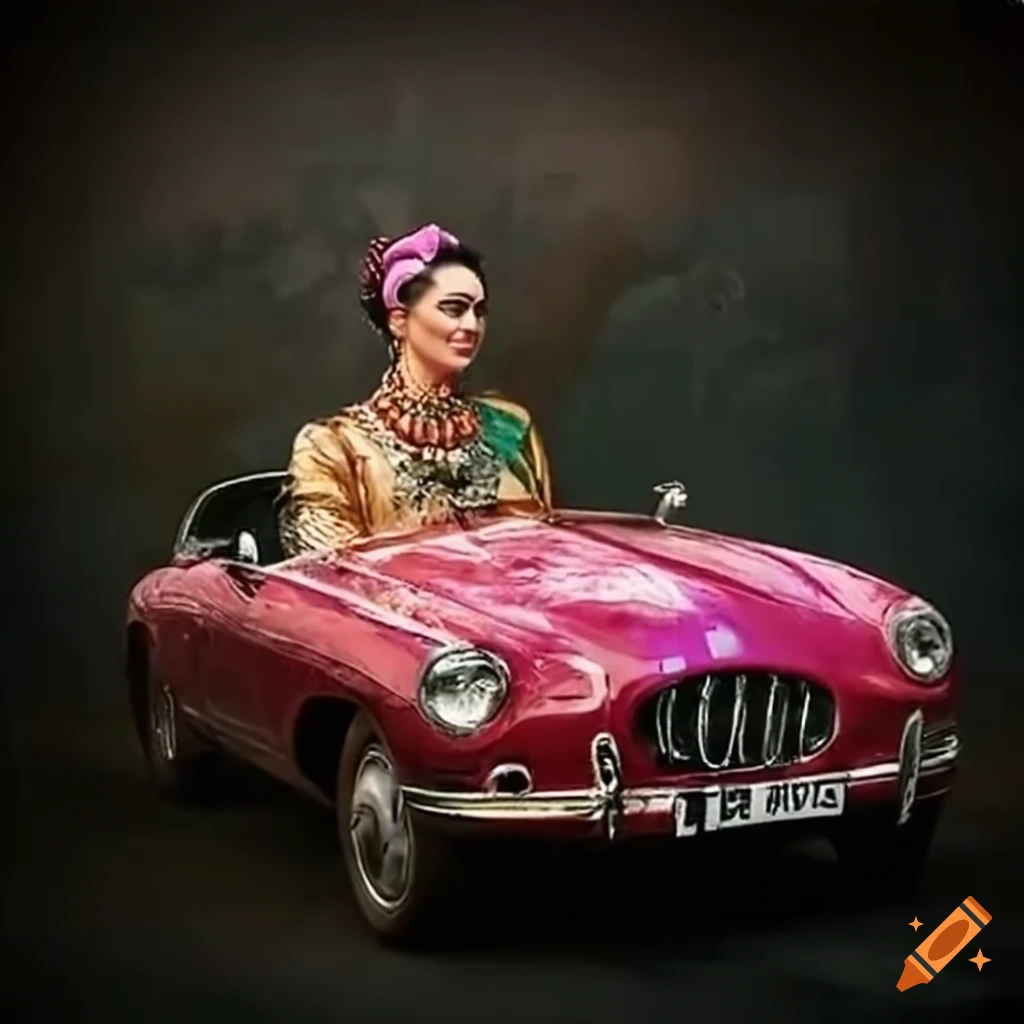 Frida kahlo driving a car in scotland on Craiyon