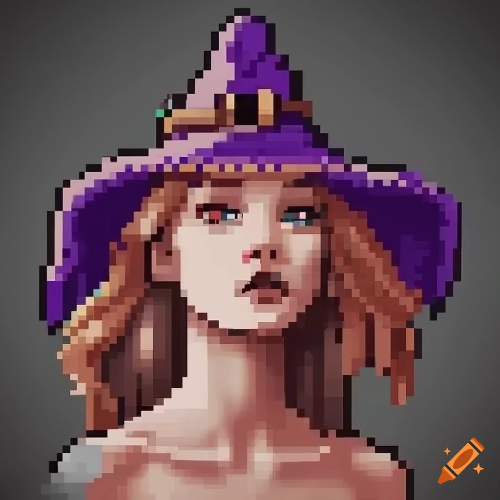 Hd pixel art witch portrait with detailed face and purple hat on Craiyon