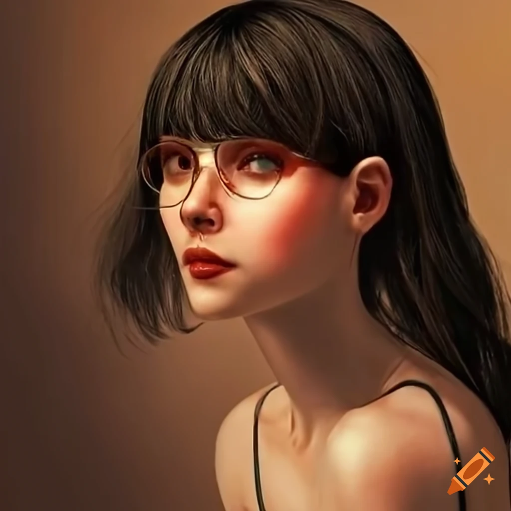 Brunette girl with large circular glasses and flat expression on Craiyon