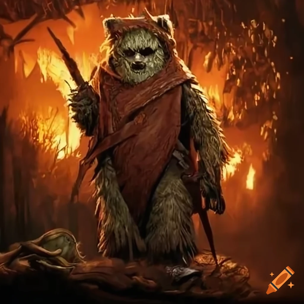 Ewok warriors in intense battle amid a blazing forest on Craiyon
