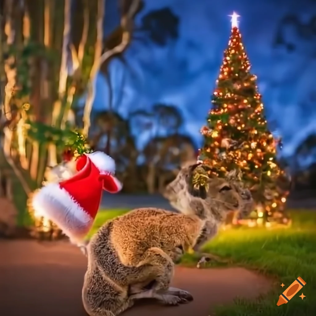 Australian christmas scene with wattle and eucalyptus trees, kangaroos ...