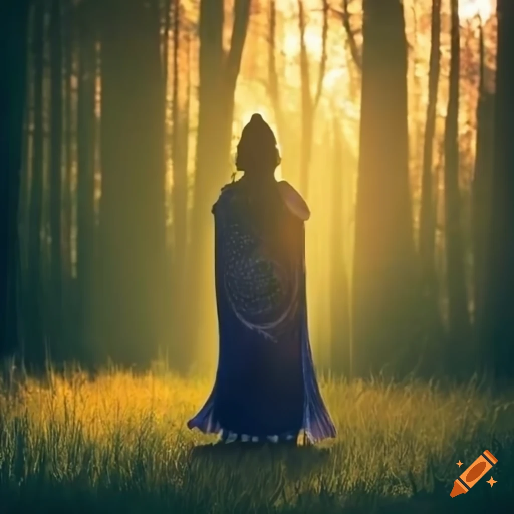 Japanese goddess standing in a meadow in a forest with a sunrise on Craiyon