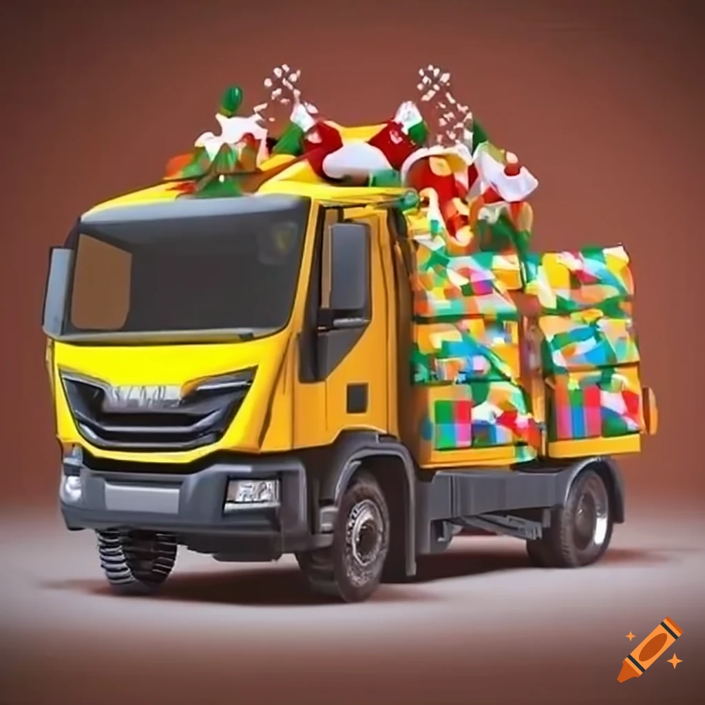 Christmas yellow iveco car transporter with presents on Craiyon