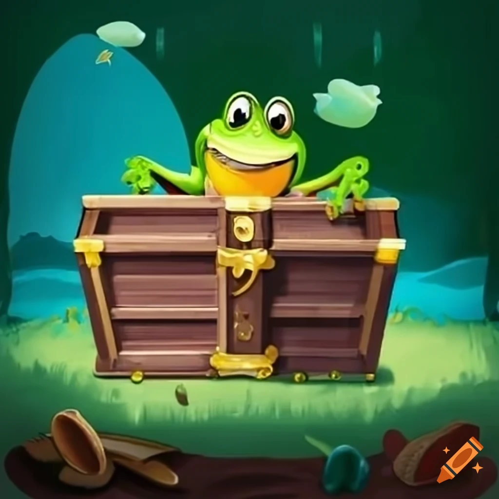 Frog in front of treasure chest for kids on Craiyon
