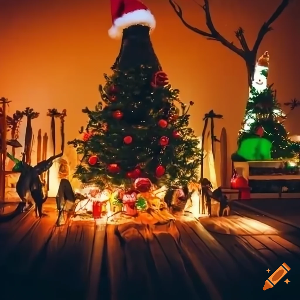 Australian christmas scene with wattle and eucalyptus trees, kangaroos ...