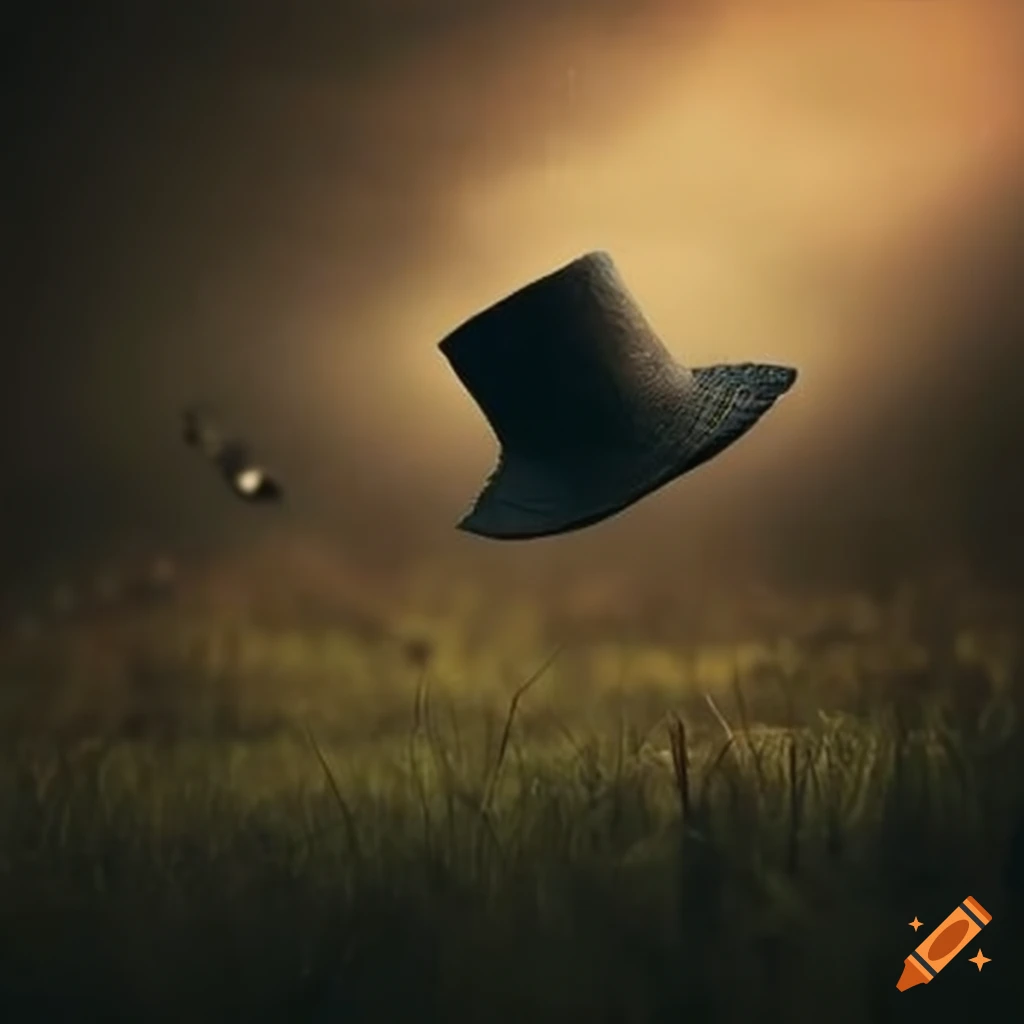 Old hat falling apart in an open field on Craiyon