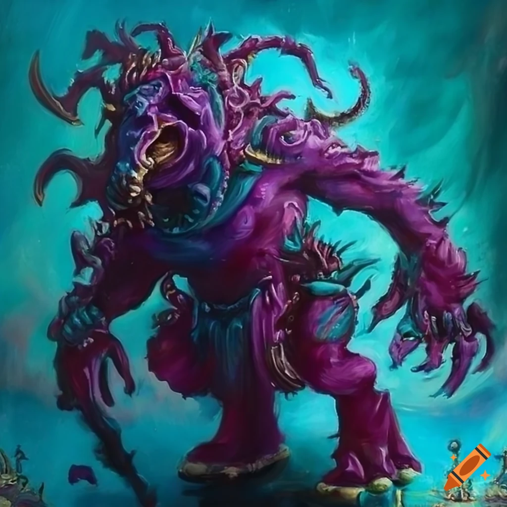 Daemon of tzeentch in teal and magenta oil painting on Craiyon