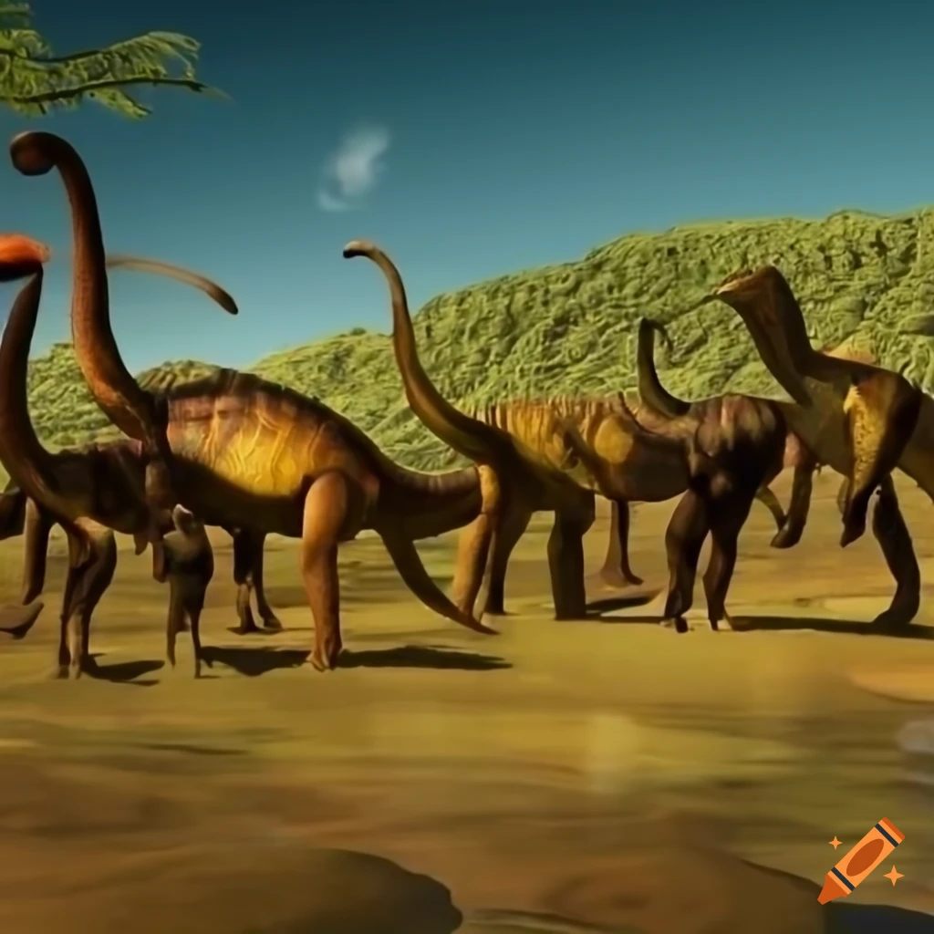 Plateosaurus herd in a triassic landscape with coelophysis on Craiyon
