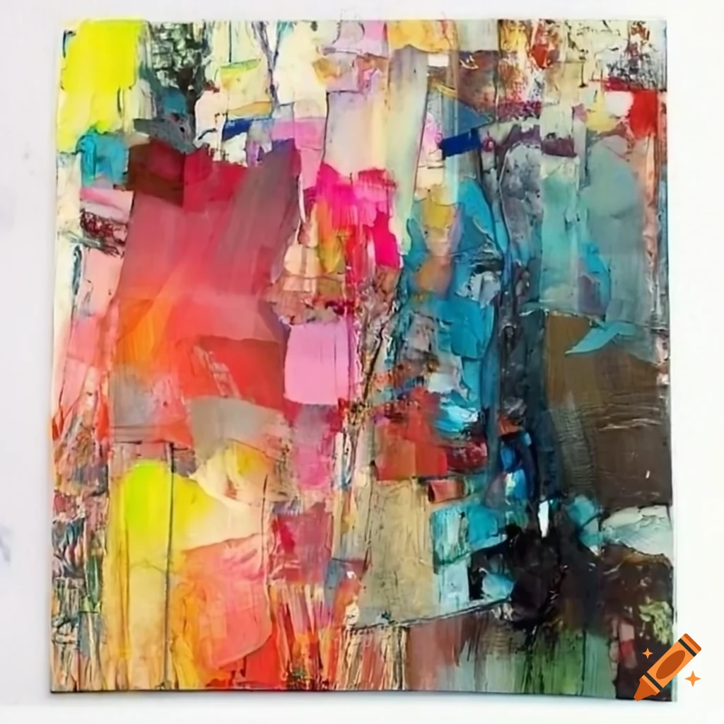 Abstract collage painting with recycled paper and vibrant colors on Craiyon