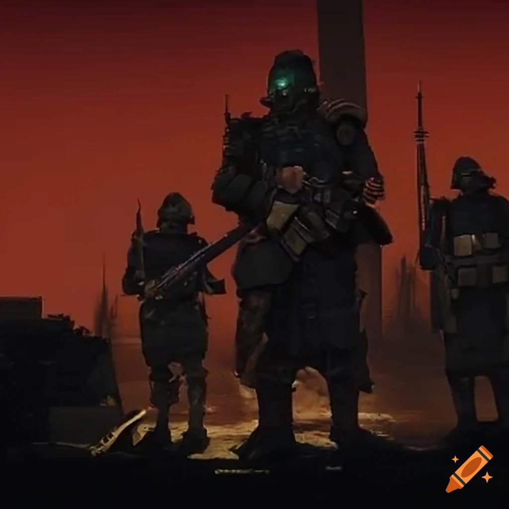 Dieselpunk soldiers in heavy armor marching under a deep red sky on Craiyon