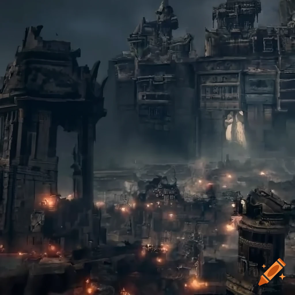 Highly detailed partially destroyed imperial city in warhammer 40k on ...
