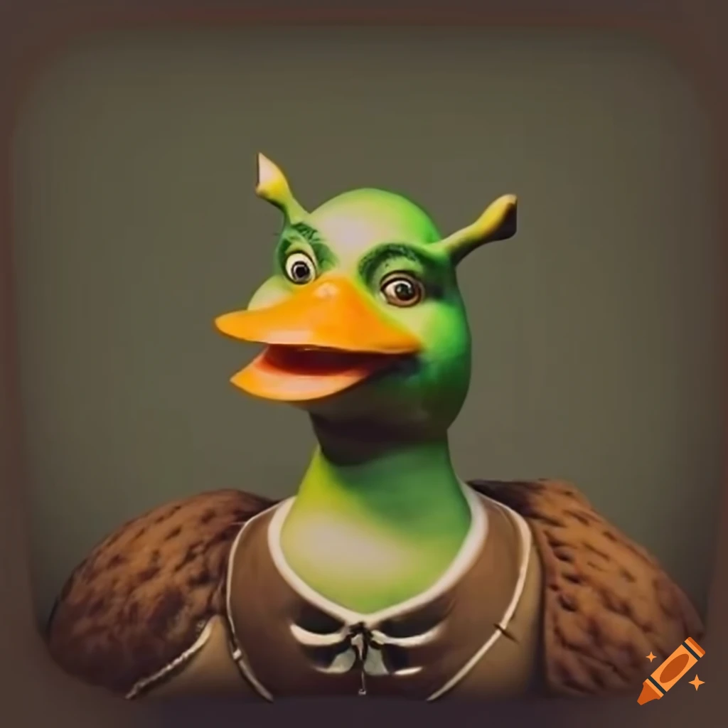 3d animated duck mallard character sitting on shrek in an old polaroid ...