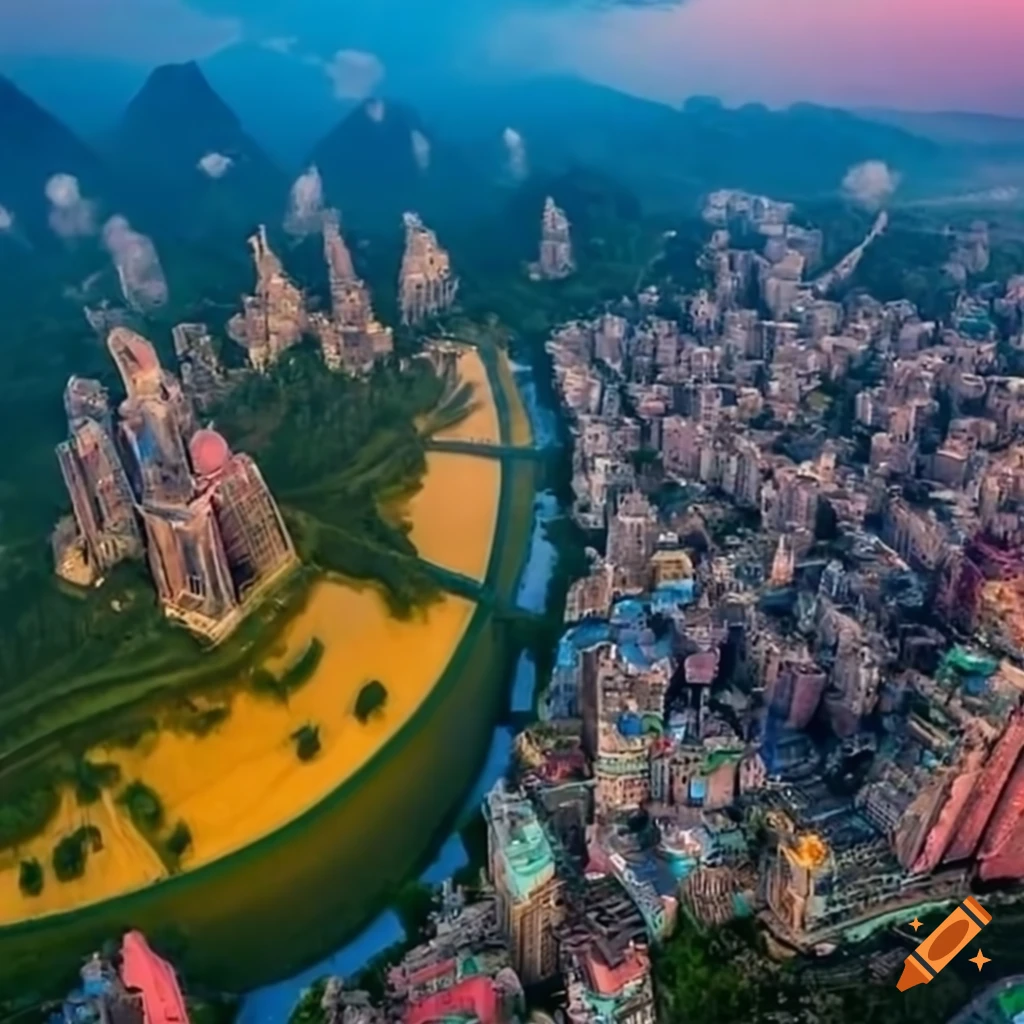 Aerial view of Lang Son city with flying tanks on Craiyon