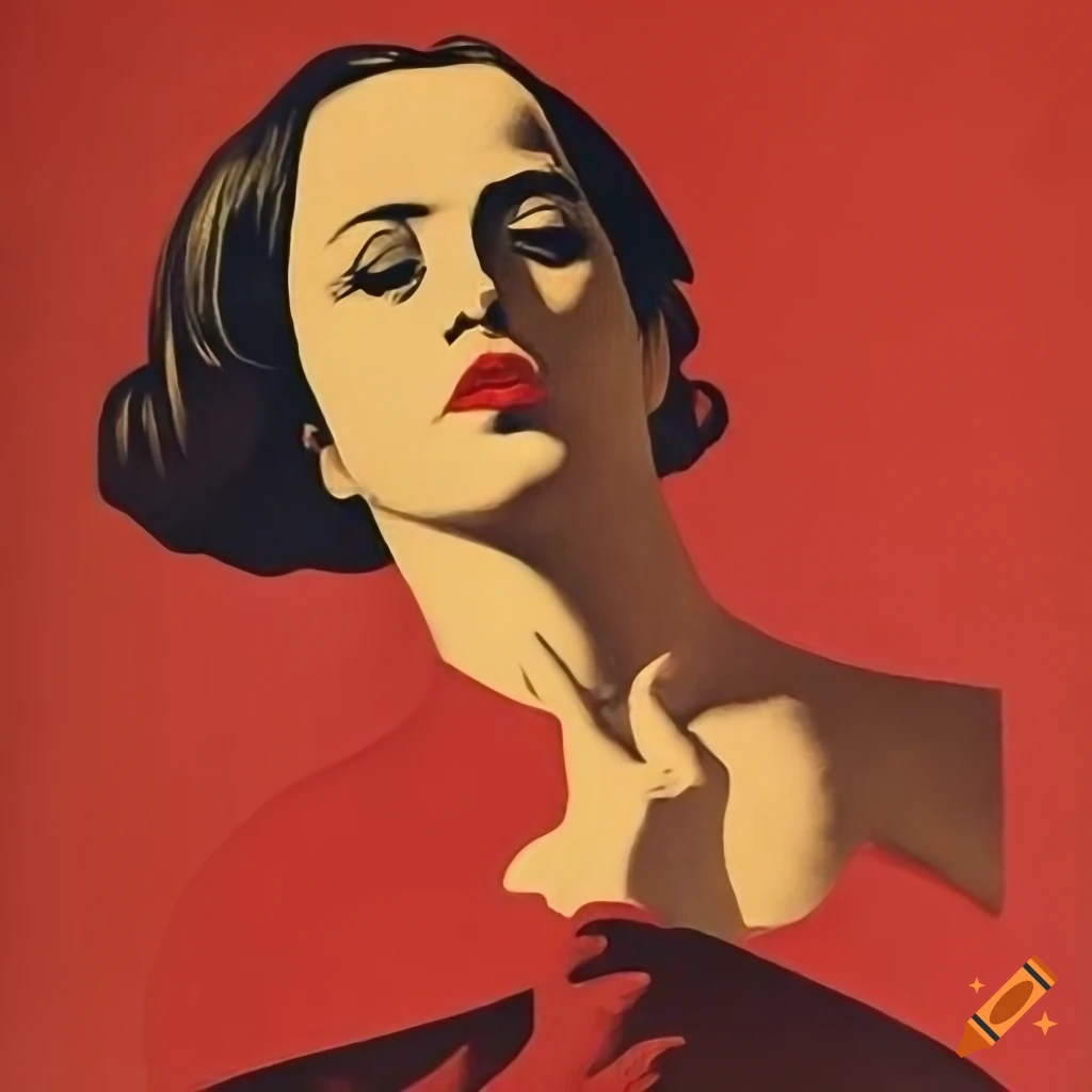 Soviet-style propaganda poster with dramatic human figures in red on ...