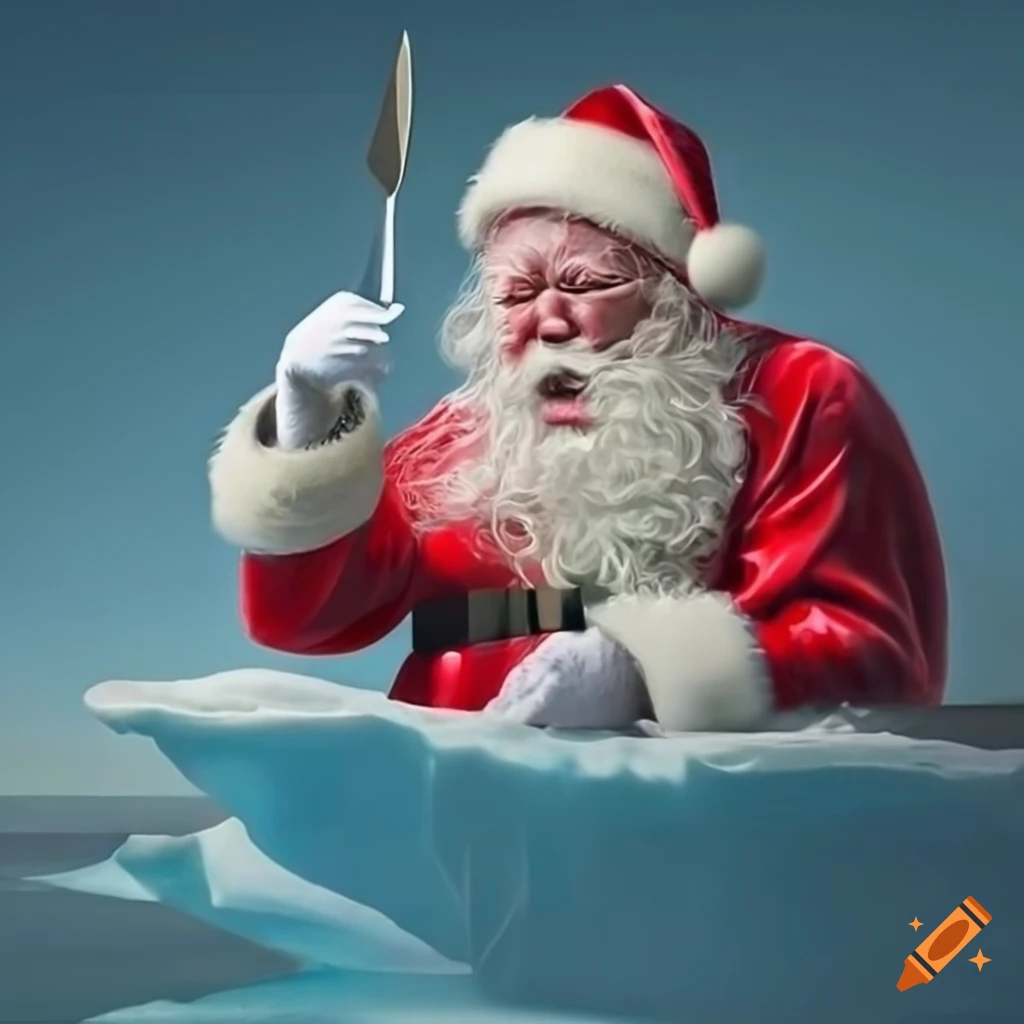 Santa Claus adrift on iceberg, holding a knife and crying in ...