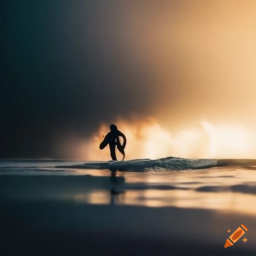 Surfers riding a wave under dramatic stormy night sky on Craiyon