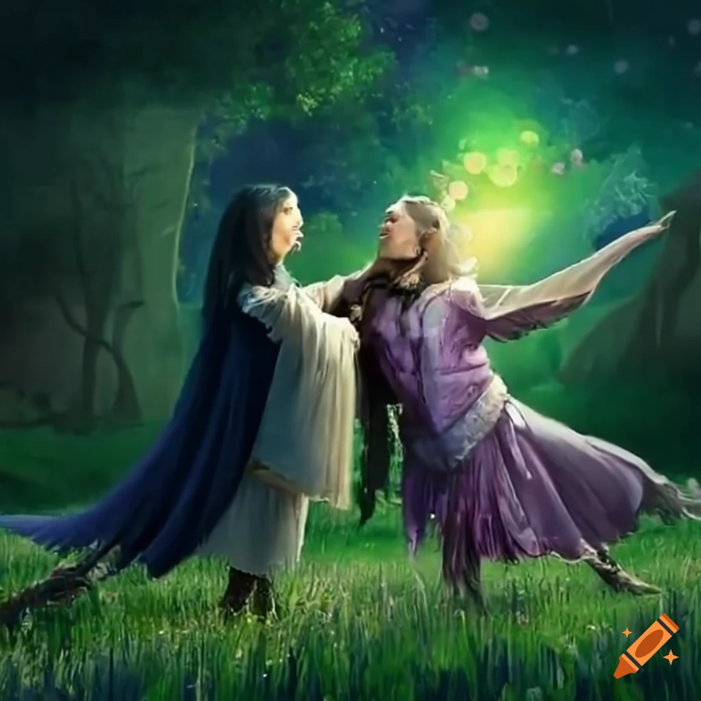 Two male wizards enjoying a beautiful day in a whimsical field on Craiyon