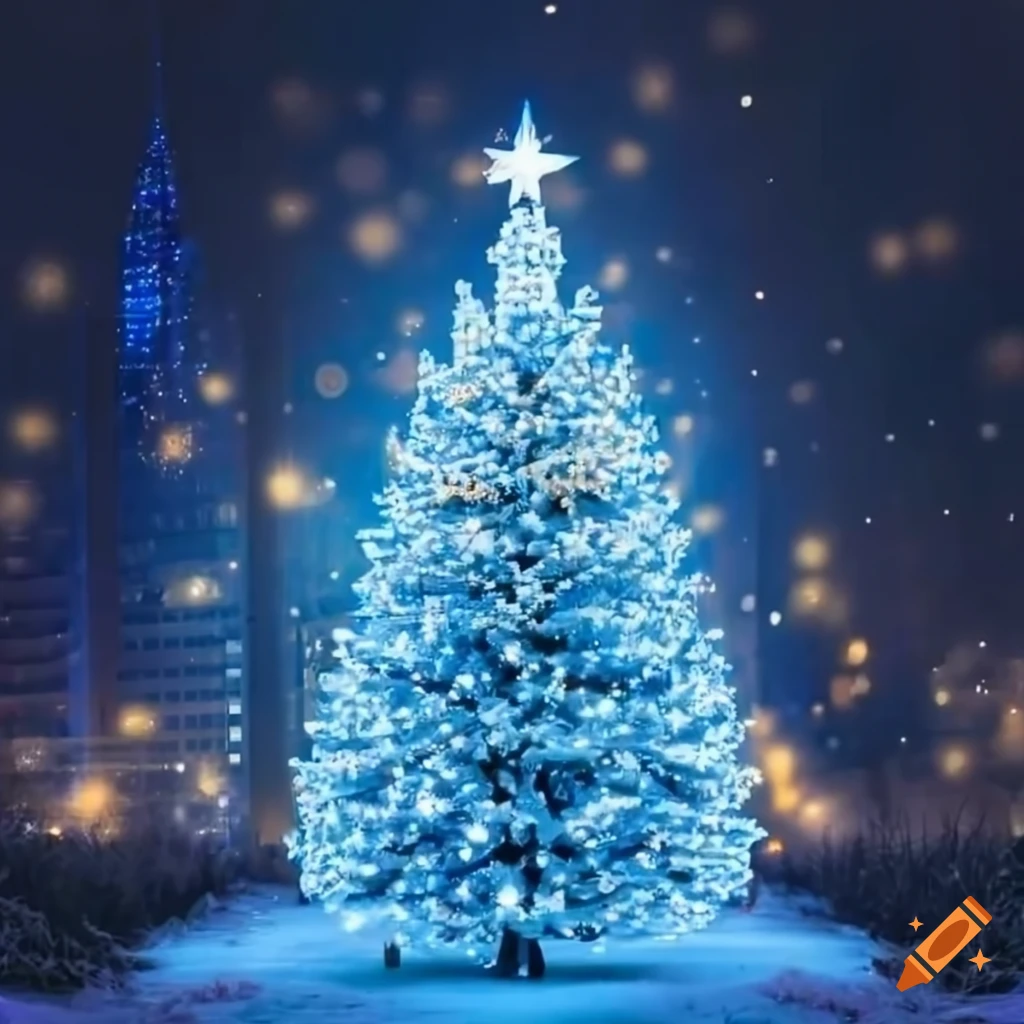 Beautifully decorated Christmas tree with blue lights in a winter ...