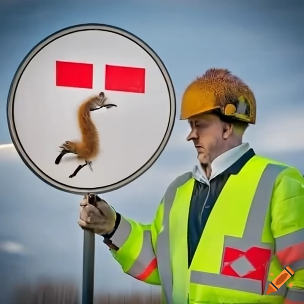 Squirrel and road worker stopping traffic with a sign on Craiyon