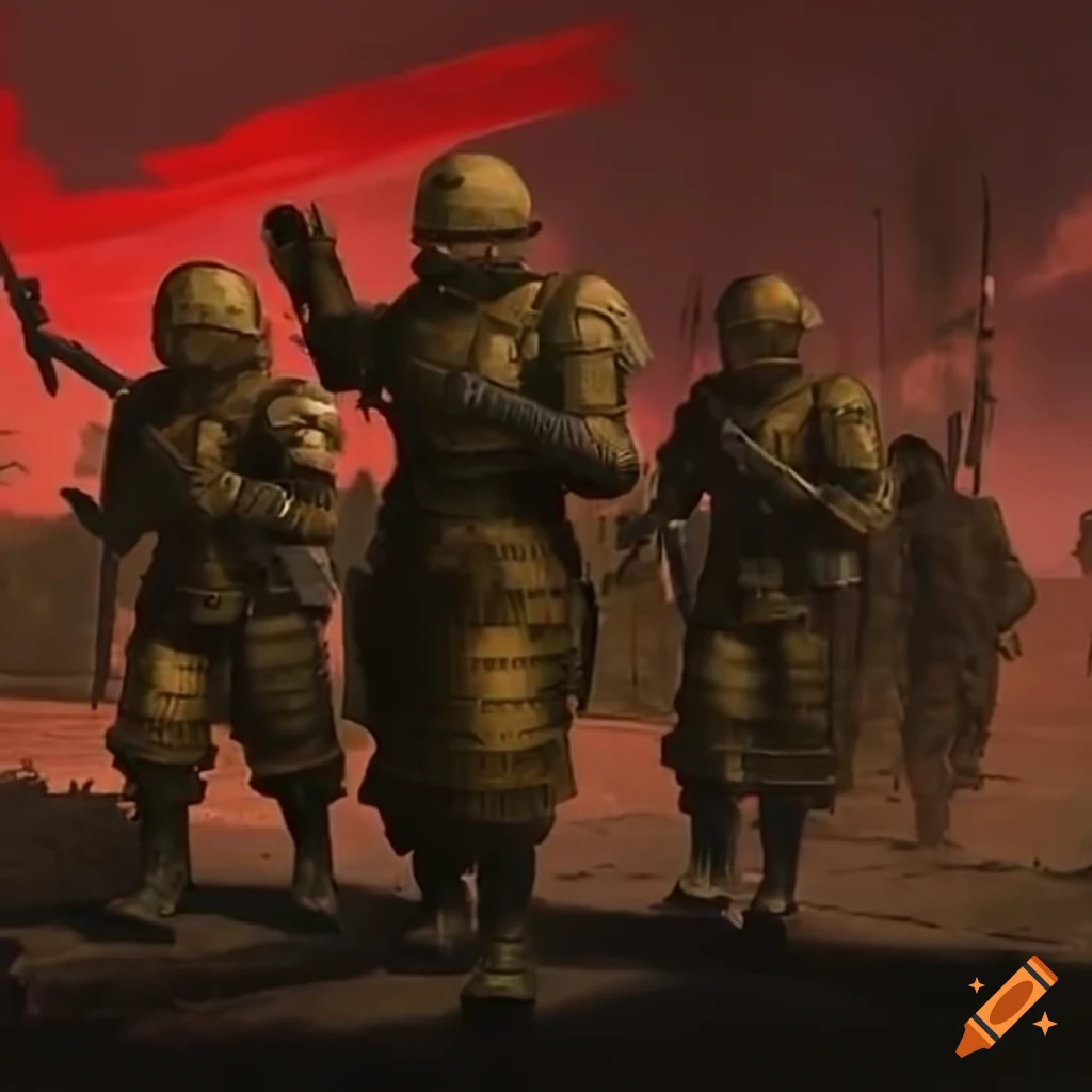 Dieselpunk soldiers in heavy armor marching under a deep red sky on Craiyon