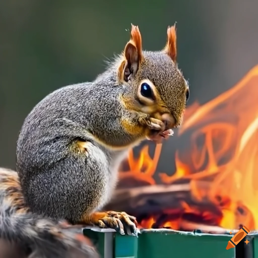 Pixelated squirrel warming paws on a dumpster fire on Craiyon