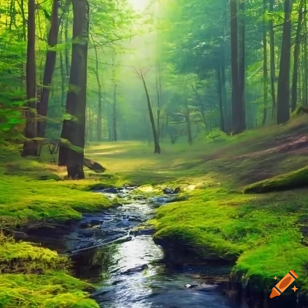 Peaceful forest clearing with a shallow brook in summer on Craiyon