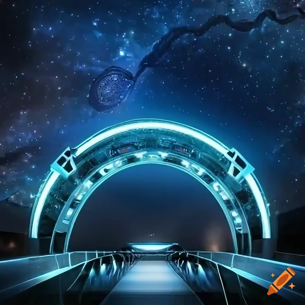 Futuristic abstract glowing multidimensional bridge design created with a computer and graphic ...