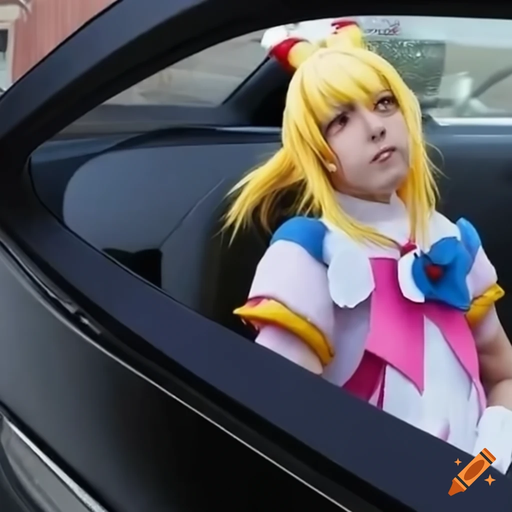 Man wearing precure cosplay in a car on Craiyon