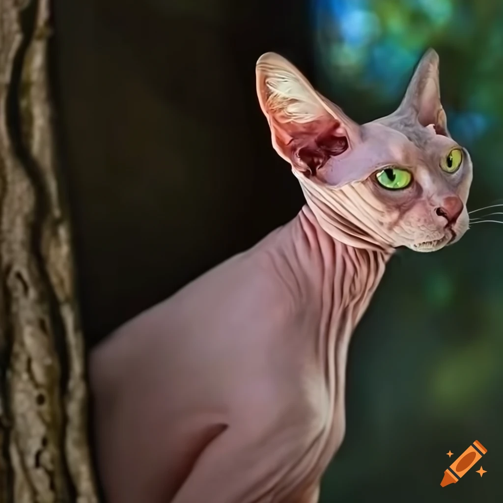 Intricately detailed close-up portrait of a Sphynx cat with a humanoid ...