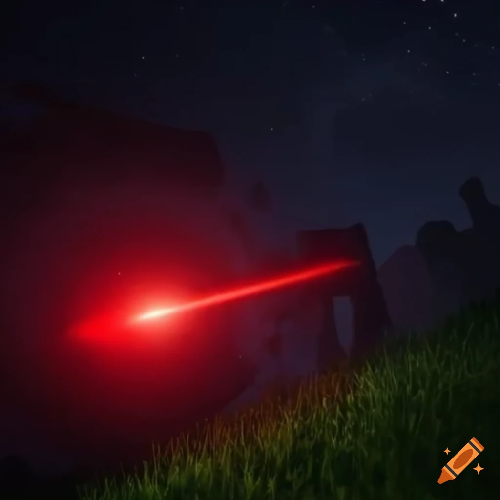 Flying red-white laser magic projectile over grass under night sky on ...