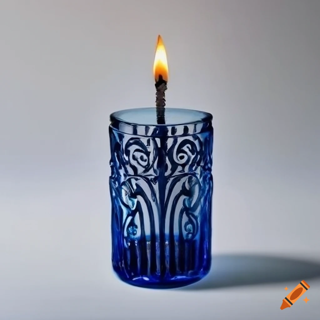 Candle in tall fancy dark blue glass holder on white background on Craiyon